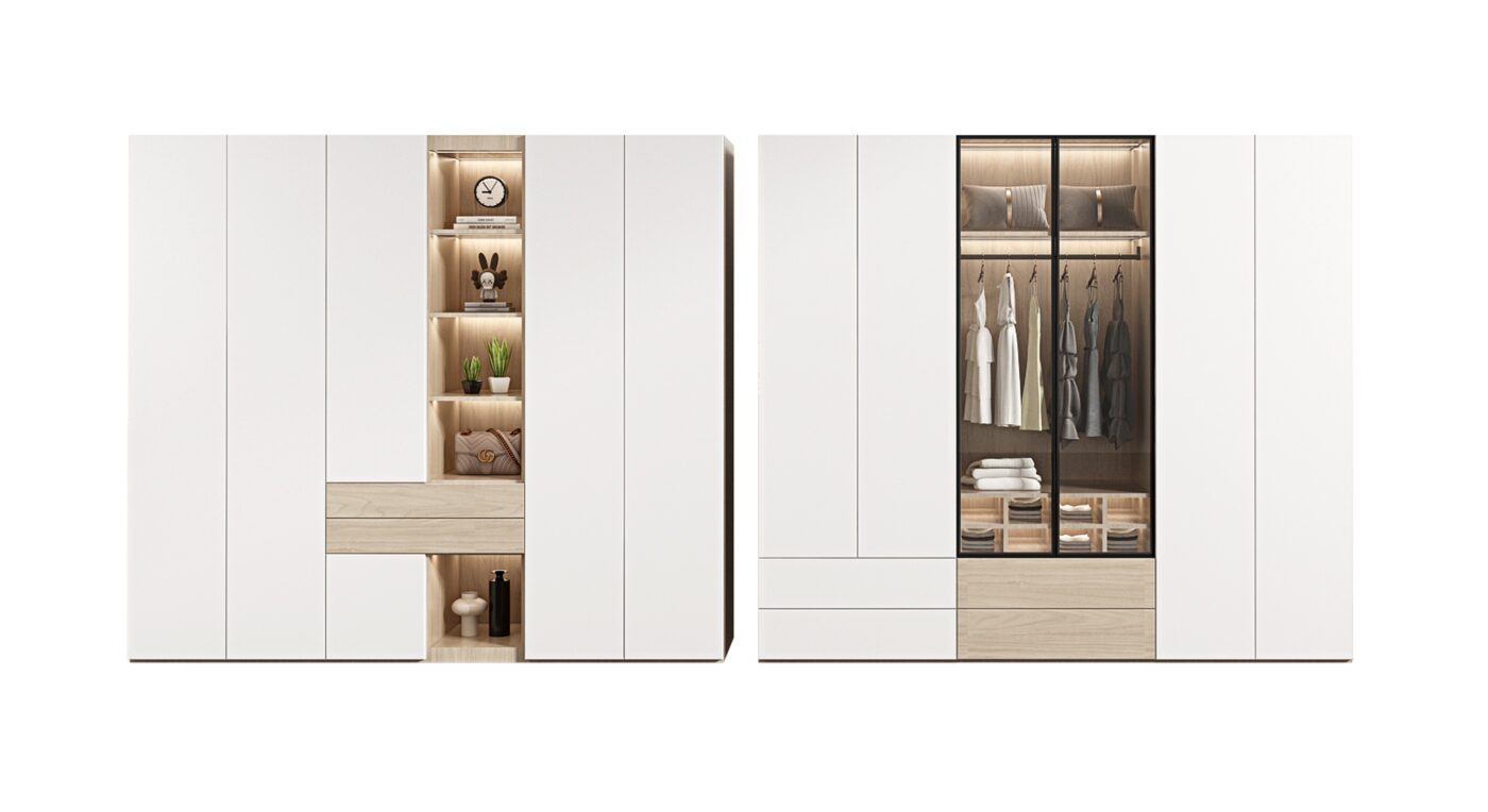 Tủ quần áo MDF cánh trắng kết hợp ô trang trí mẫu 016 - Nội thất minh tiến